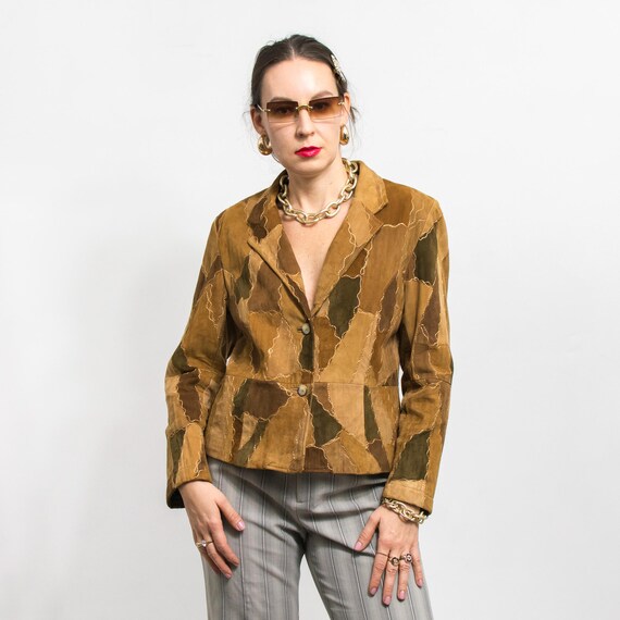 Patchwork suede leather jacket 90's Vintage retro wom… - Gem