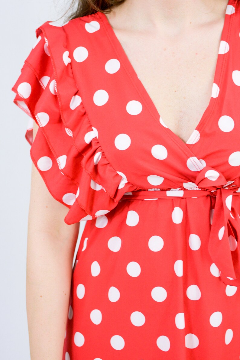 Red Dotted Dress Vintage Polka Dots Short Sleeved Empire Waist L/XL - Etsy