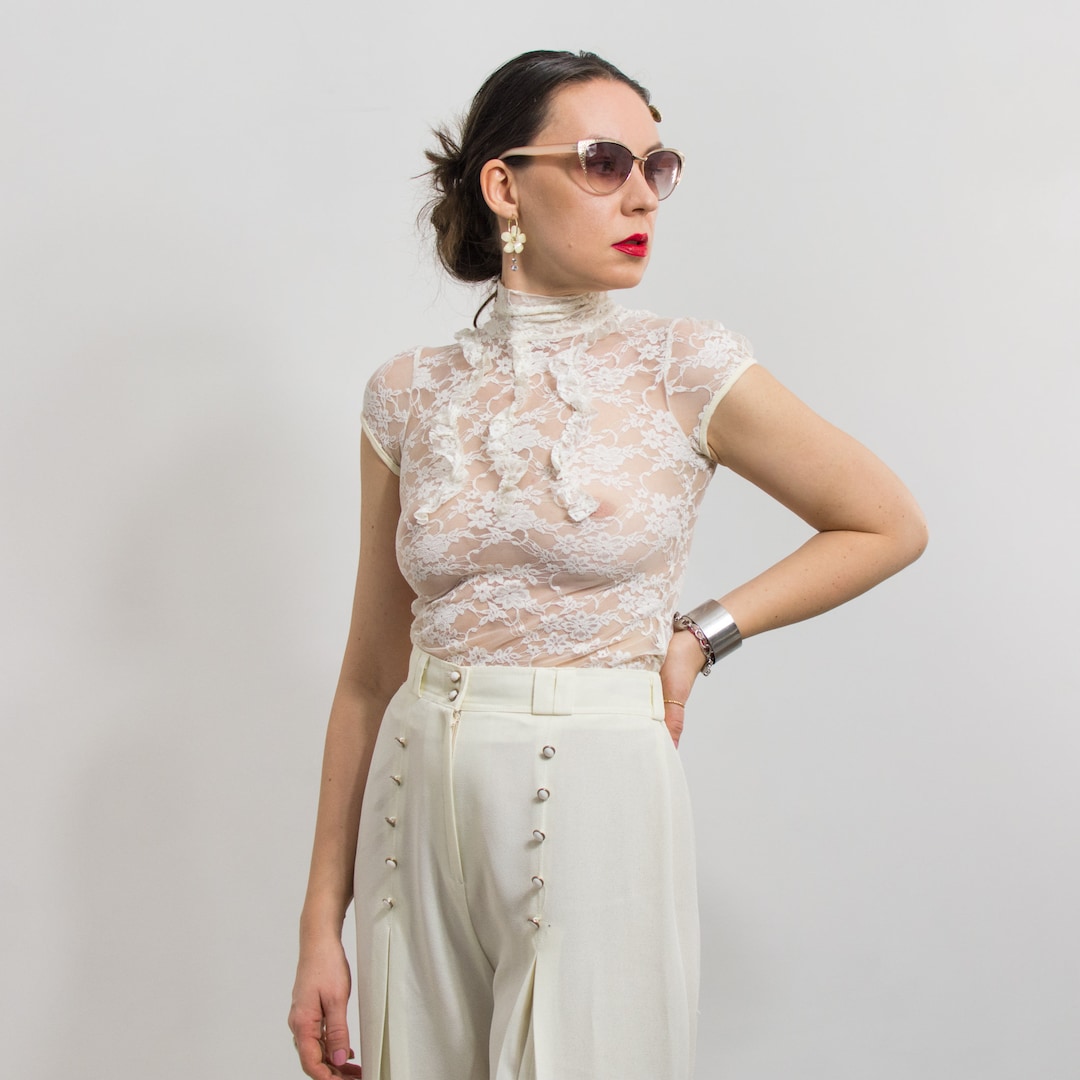 White Sheer Top Vintage Lace Blouse Women Size XS - Etsy