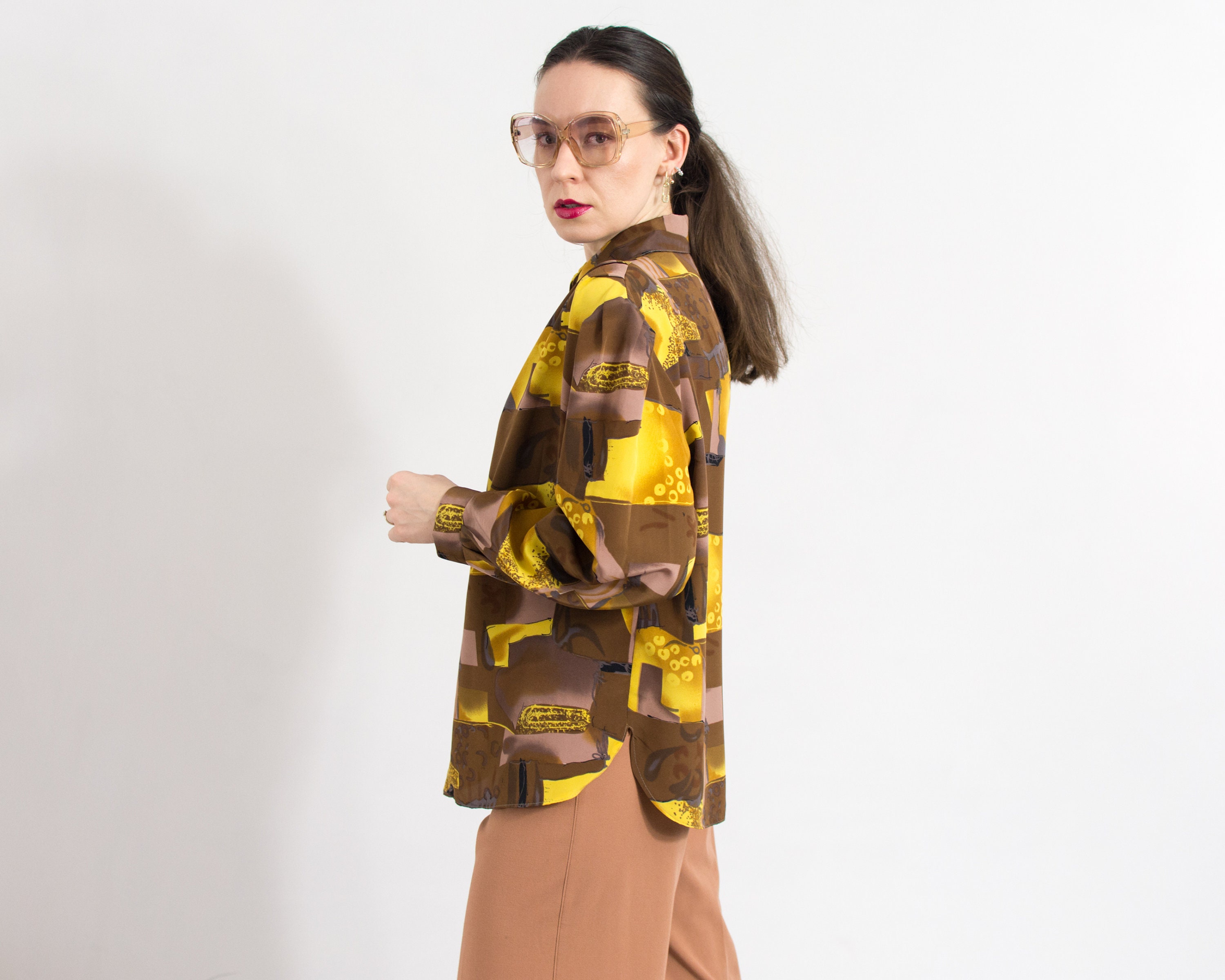 Puff Shoulder Shirt Vintage 80s Printed Mustard Brown Button - Etsy
