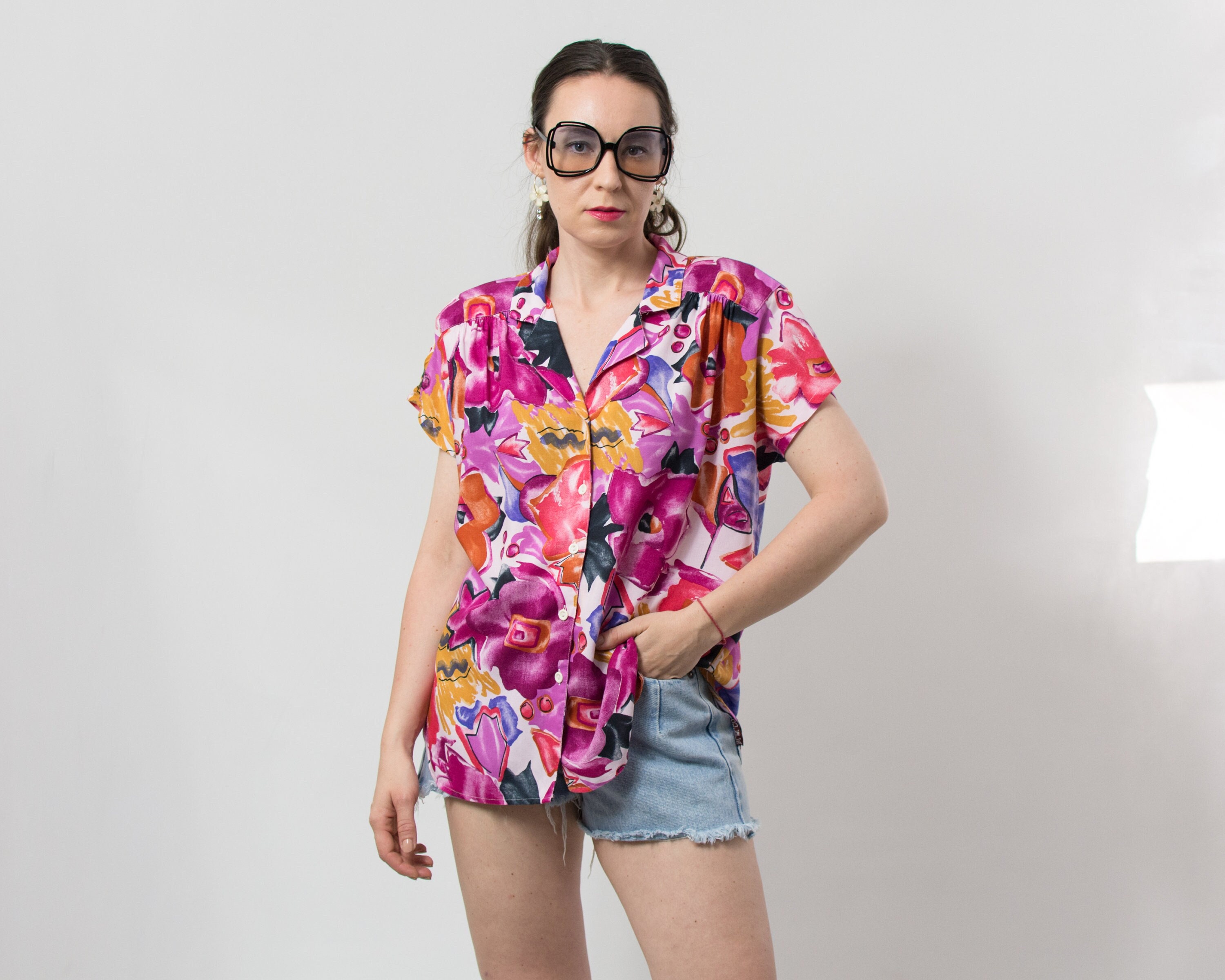 80er Jahre Blumen Bluse Vintage Malerei Multi Farbe Frauen Größe XXL ...