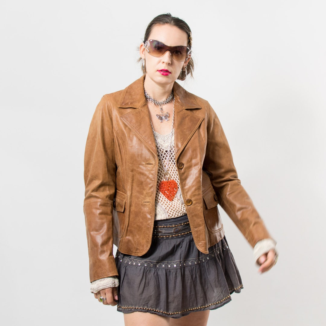 Vintage Brown Leather Jacket Caramel Cropped Women Size L - Etsy
