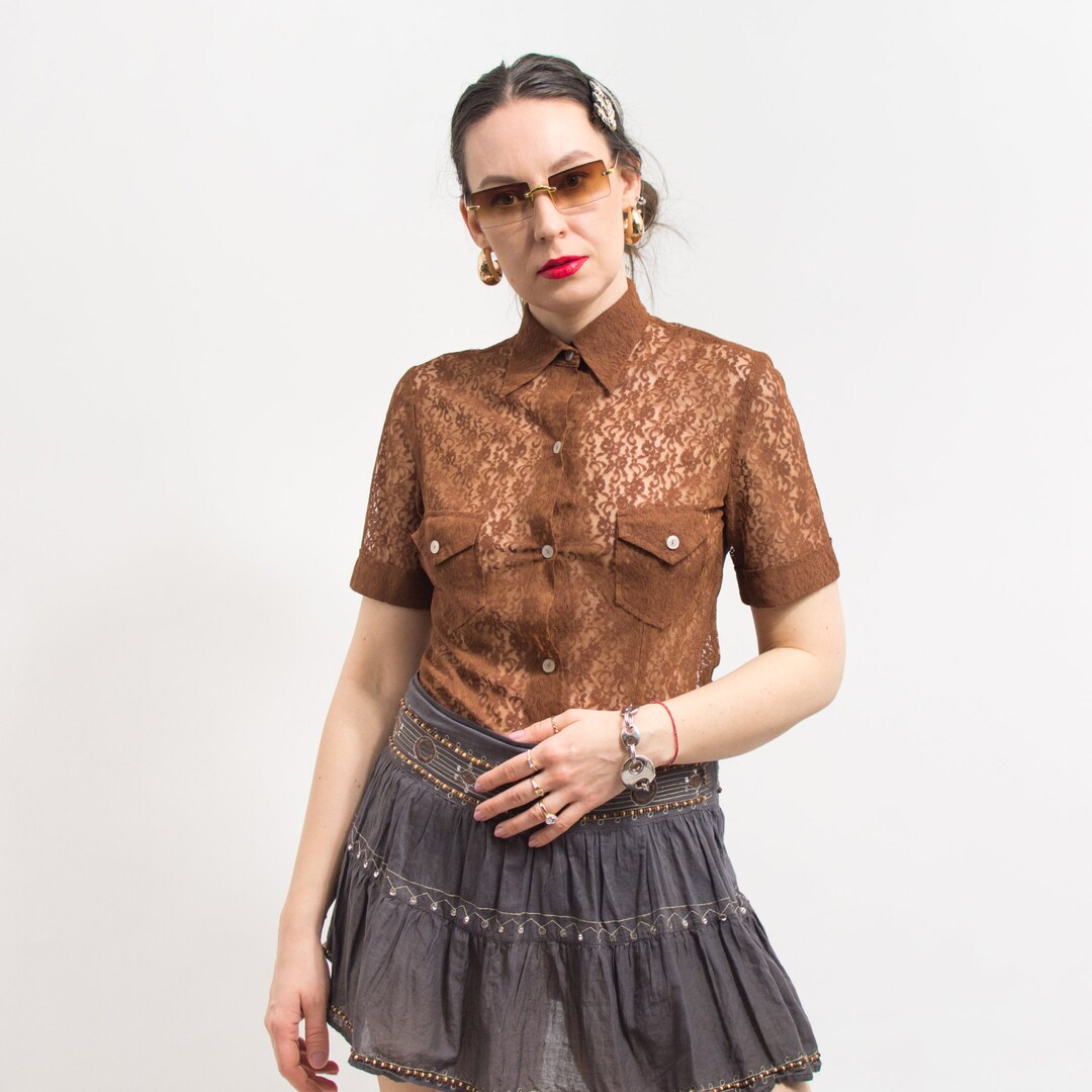 Lace Shirt Vintage Sheer Brown Top Boho Short Sleeve Women Size M - Etsy