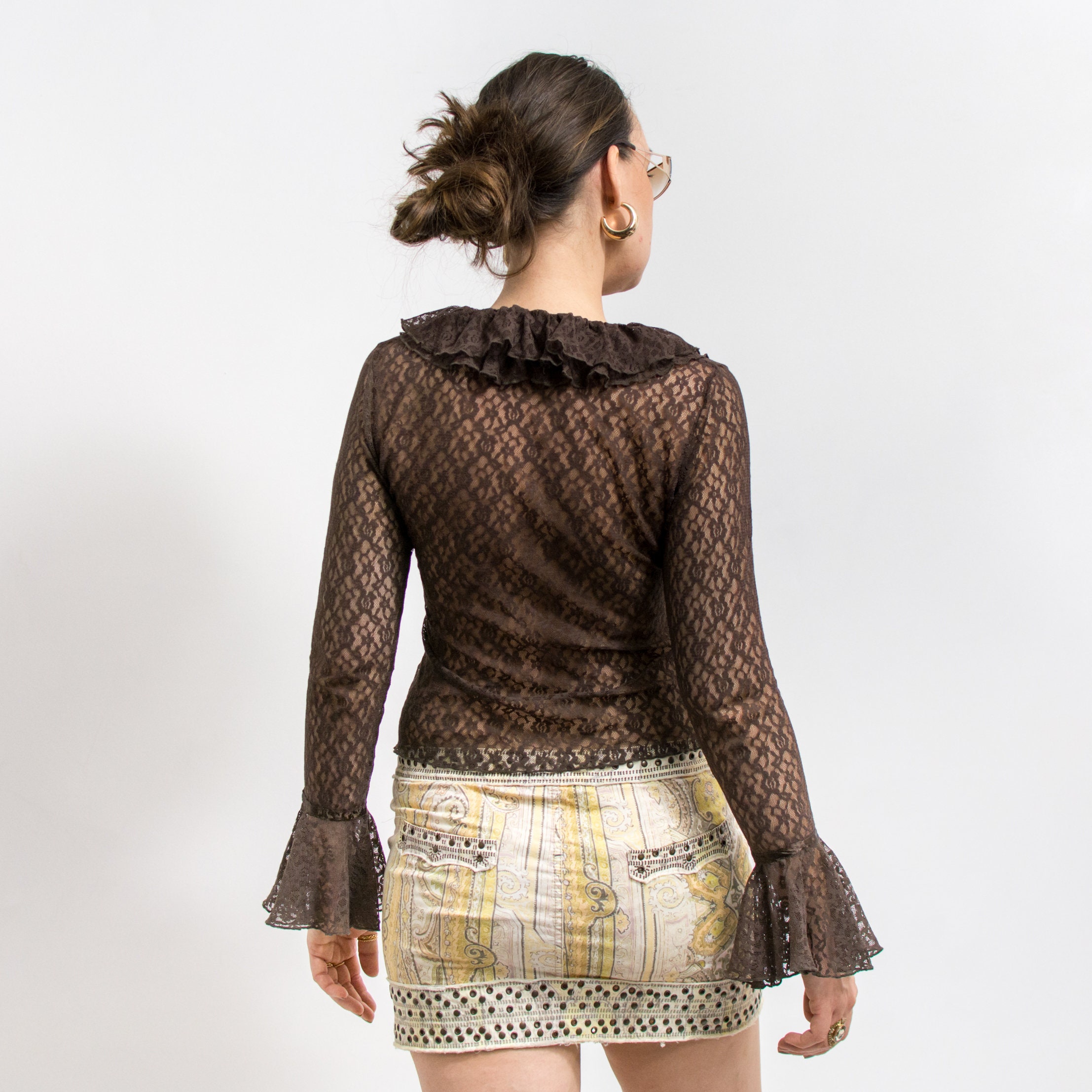 Lace Shirt Ruffled Collar Vintage Sheer Brown Top Long Sleeve Women ...