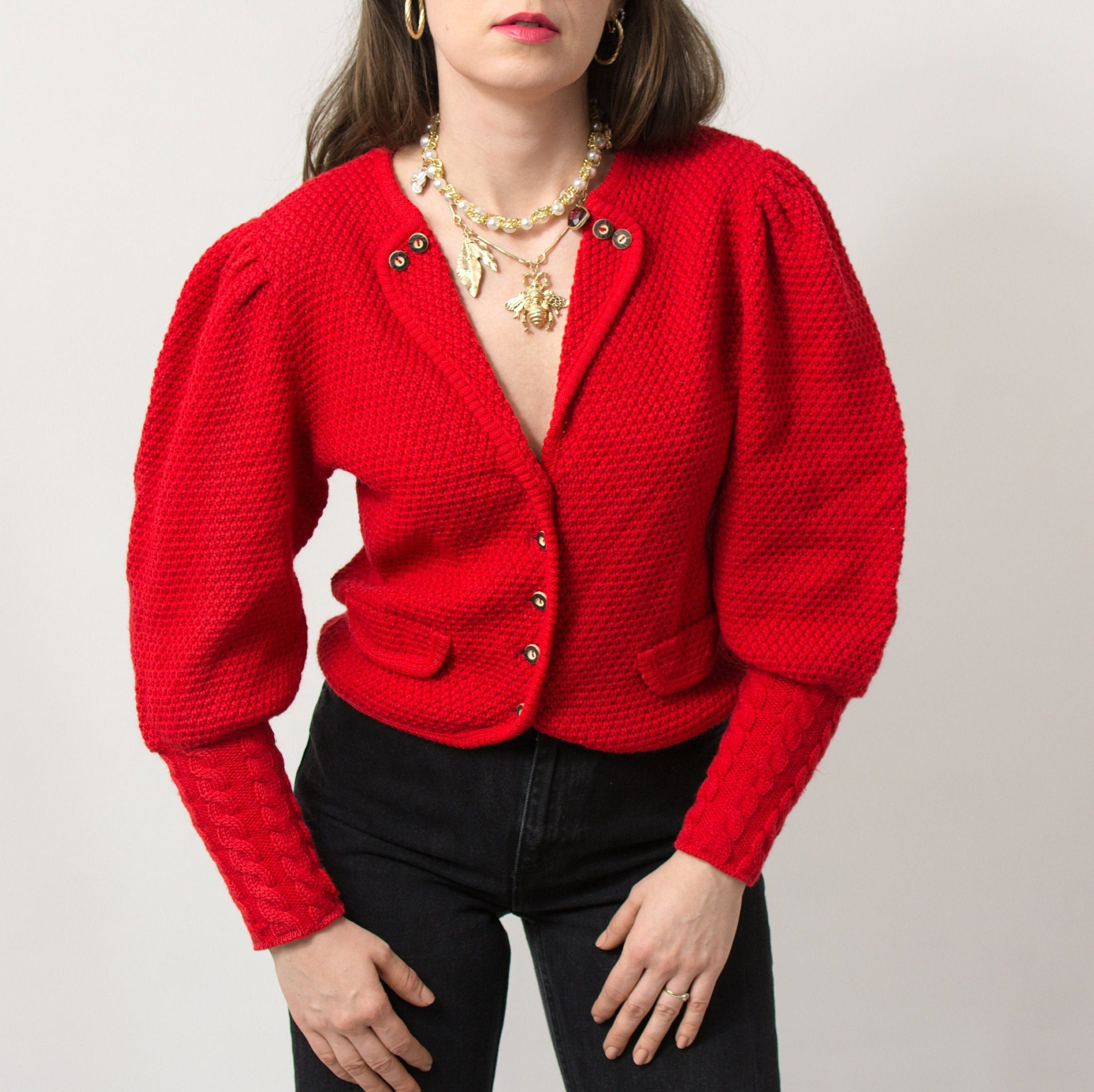 Trachten Puff Sleeve Cardigan Bavarian Red Wool Sweater Lanamoden Size ...