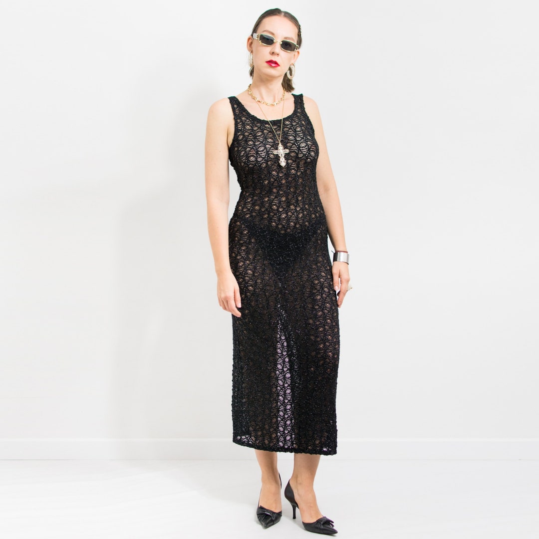 Bodycon Sheer Dress Vintage Black Mesh Slip Evening Women Size M - Etsy