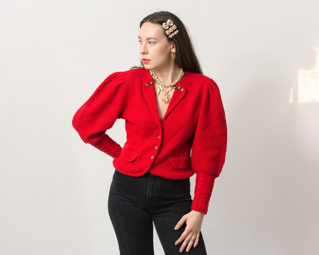 Puff Sleeve Cardigan Bavarian Red Wool Sweater Lanamoden Size M/L - Etsy