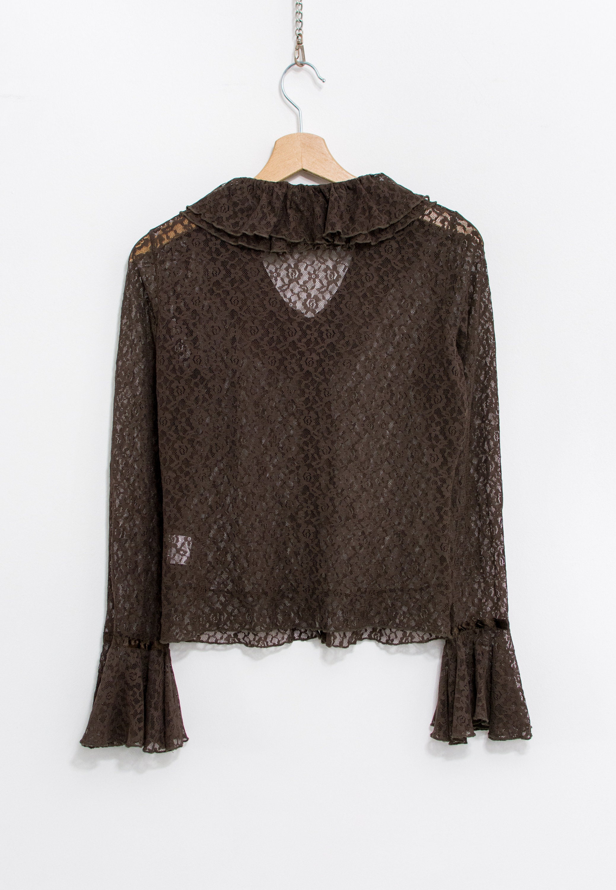 Lace Shirt Ruffled Collar Vintage Sheer Brown Top Long Sleeve Women ...