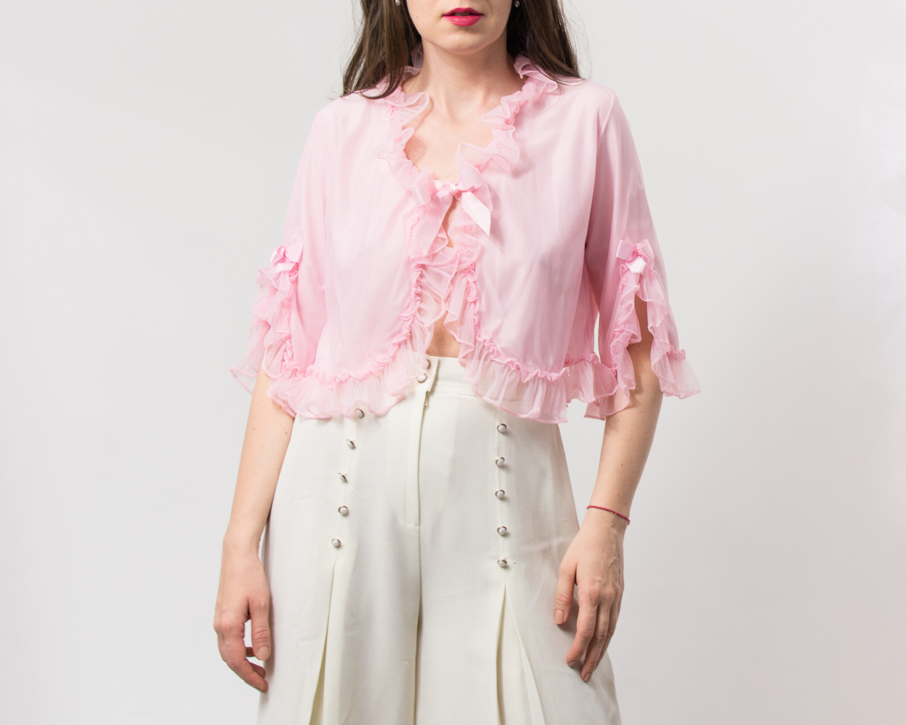 Vintage Romantic Sleep Top Ruffle Pink Frilled Lingerie Sleepshirt Boho ...