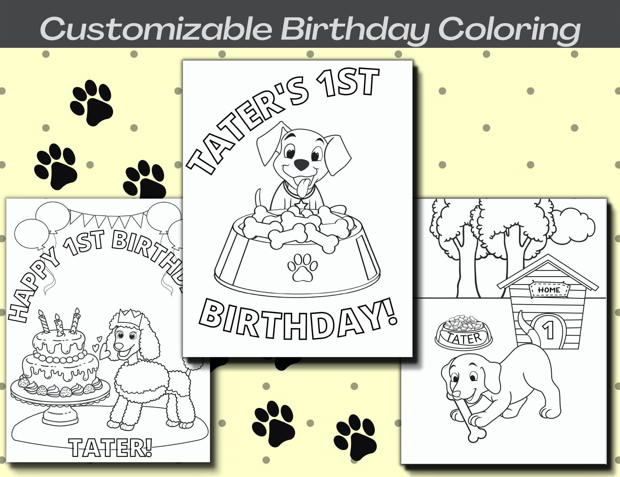 Dog Birthday Coloring - 3 Dog Custom Coloring Page, Dog Activity, Dog ...