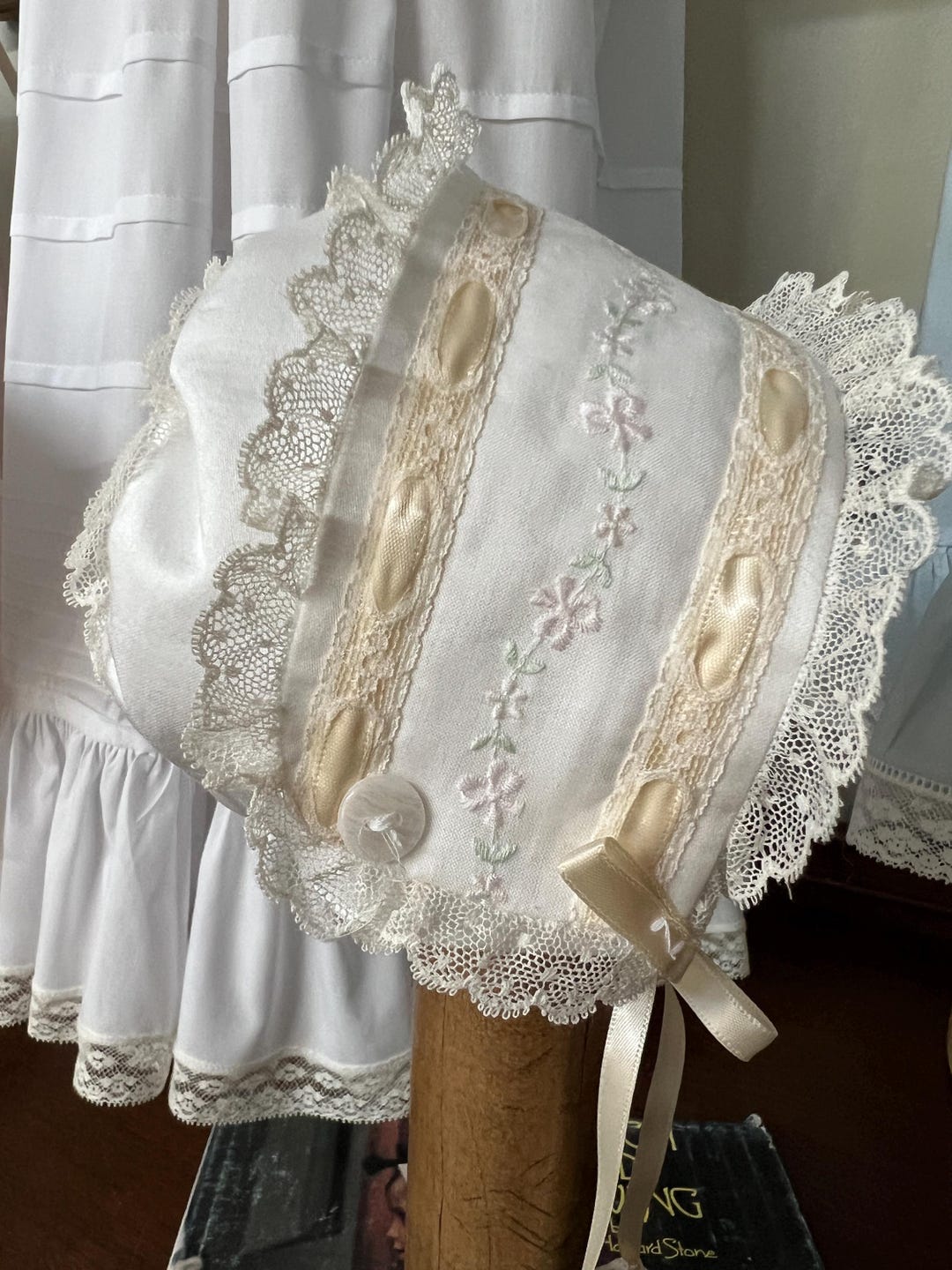 Lajenns White Satin Batiste Heirloom Baby Bonnet With Swiss Bow ...