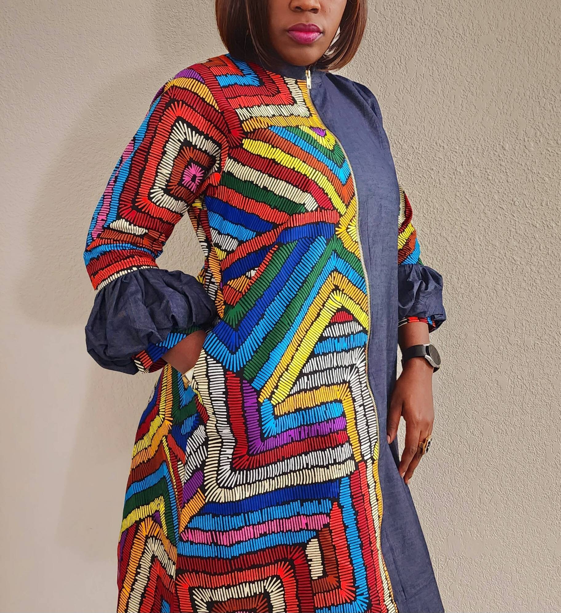 Amichi African Print and Jeans Combo Zip-down Shirt Dress/jacket, Women ...