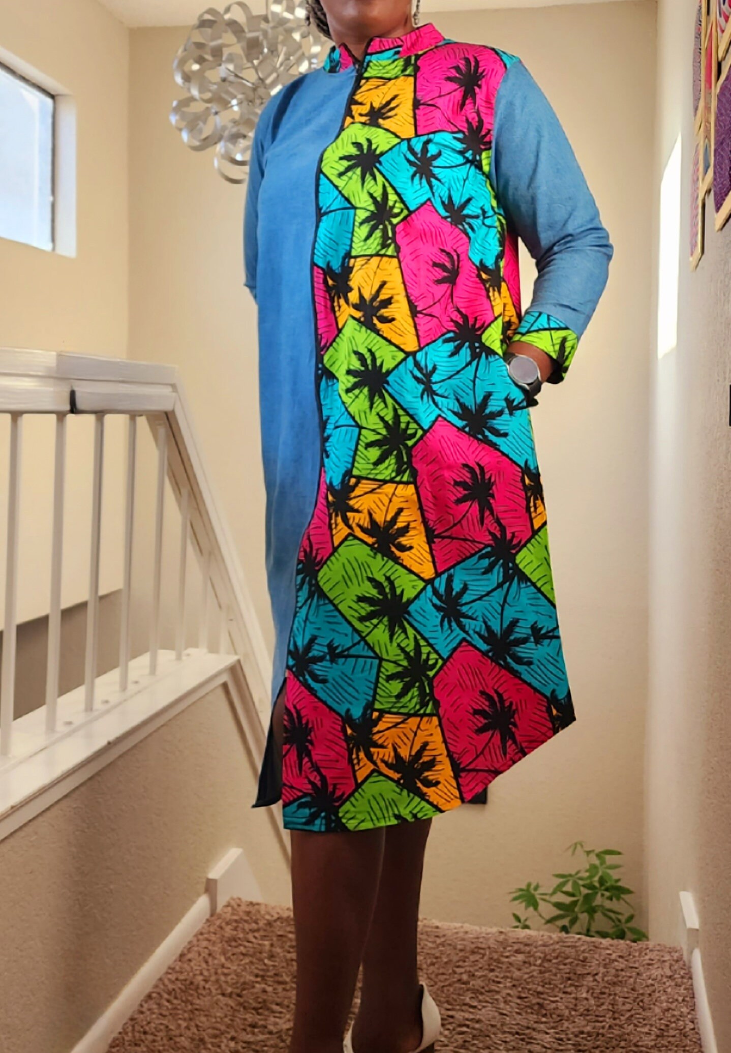 Amichi African Print and Jeans Combo Zip-down Shirt Dress/jacket, Women ...