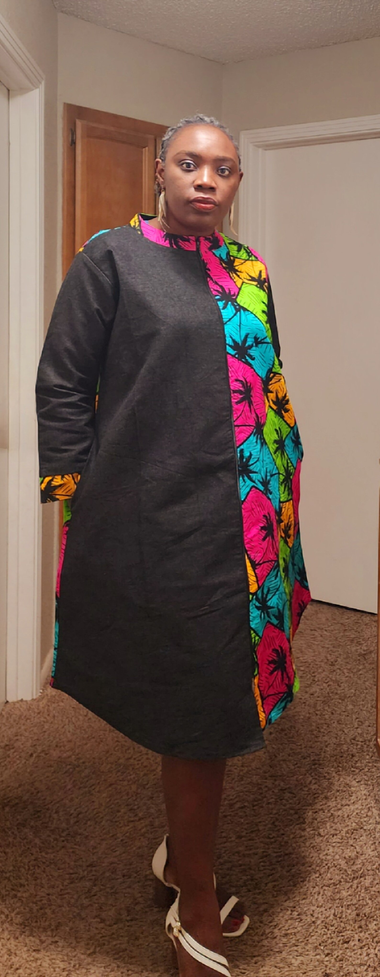 Amichi African Print and Jeans Combo Zip-down Shirt Dress/jacket, Women ...