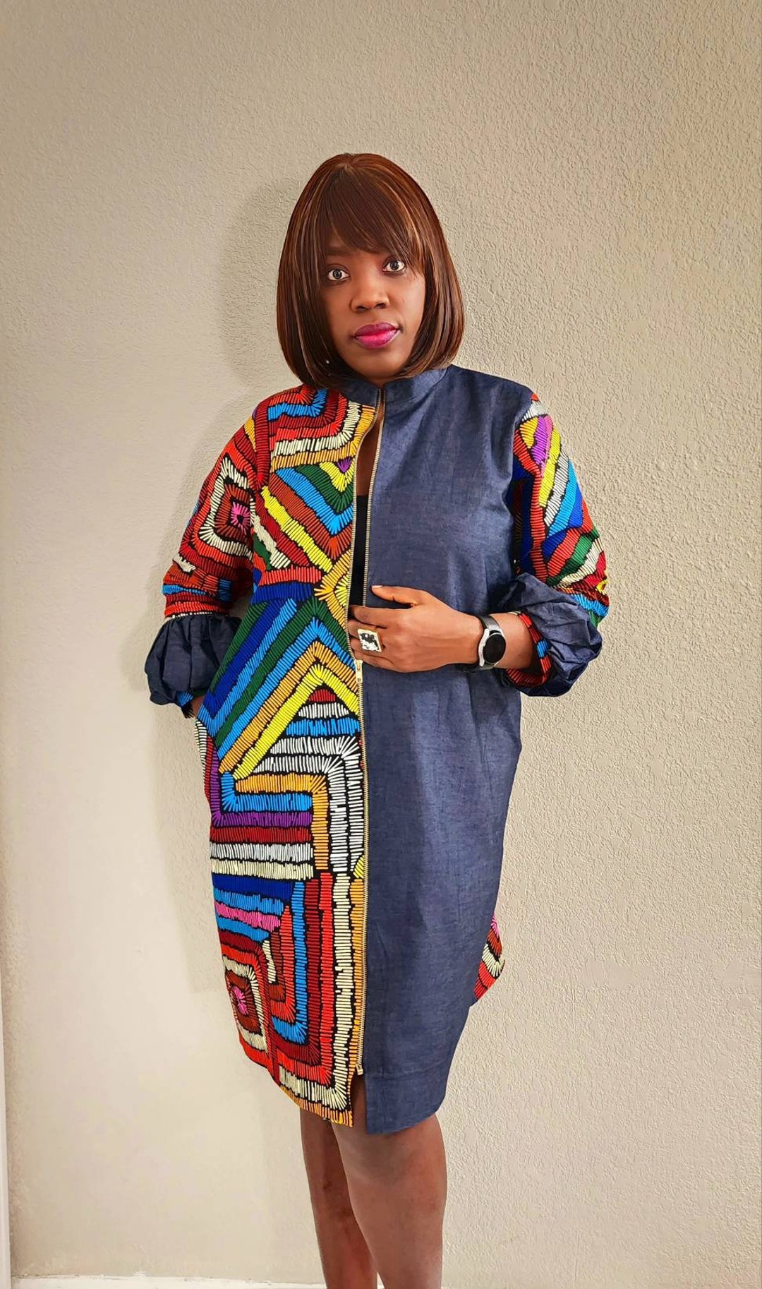 Amichi African Print and Jeans Combo Zip-down Shirt Dress/jacket, Women ...