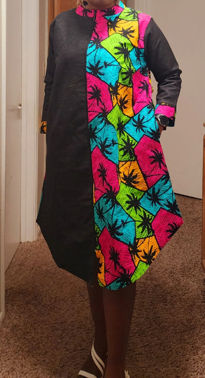 Amichi African Print and Jeans Combo Zip-down Shirt Dress/jacket, Women ...