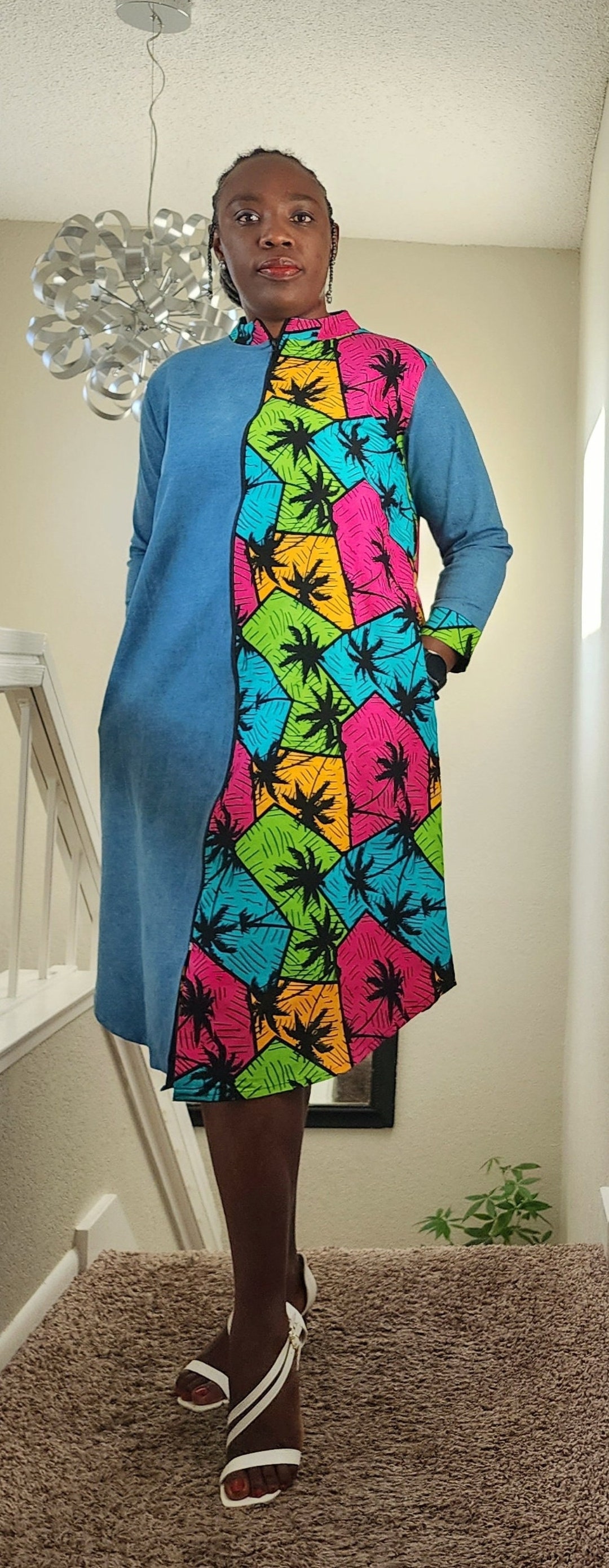 Amichi African Print and Jeans Combo Zip-down Shirt Dress/jacket, Women ...