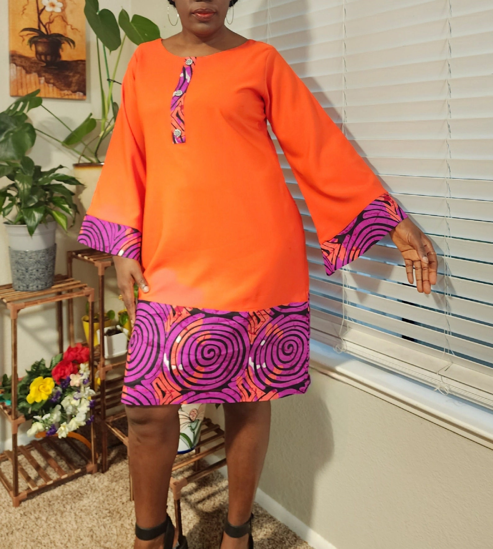 African Print Plain and Patterned A-line Sleeves Free Fit Short Dress ...