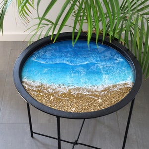 Epoxy Resin Coffee Table With Ocean Waves, Unique Metal Minimalist ...