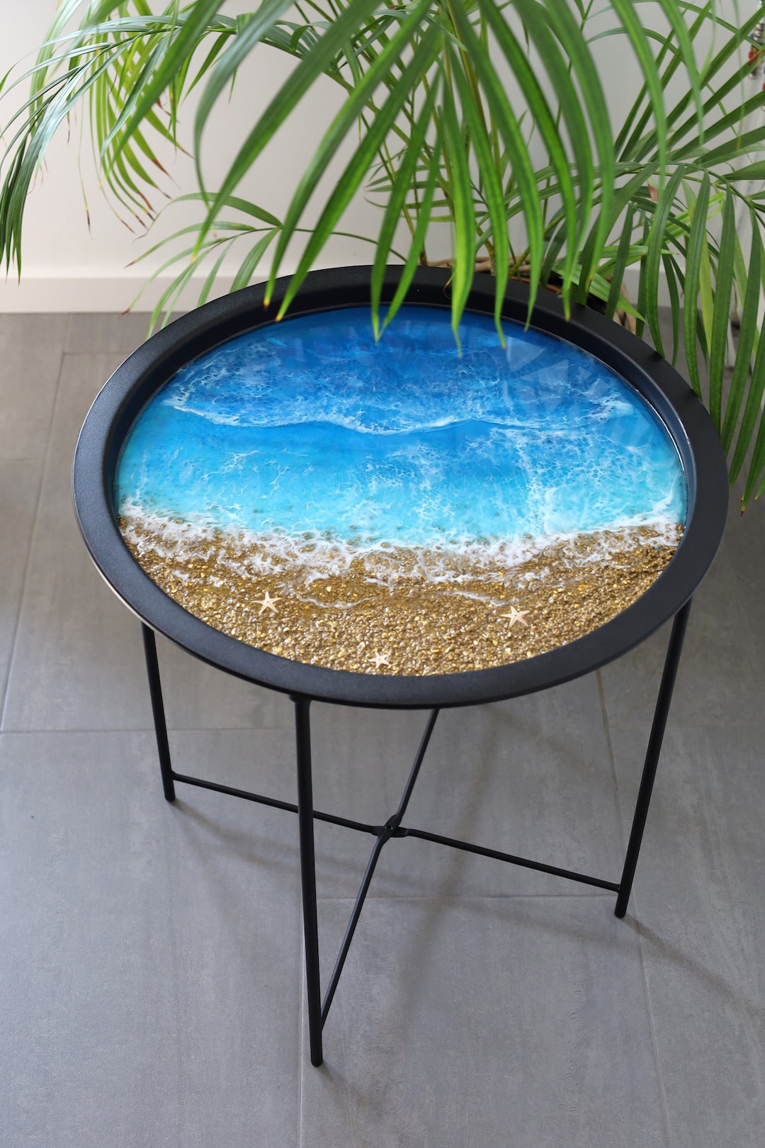 Epoxy Resin Coffee Table With Ocean Waves, Unique Metal Minimalist ...