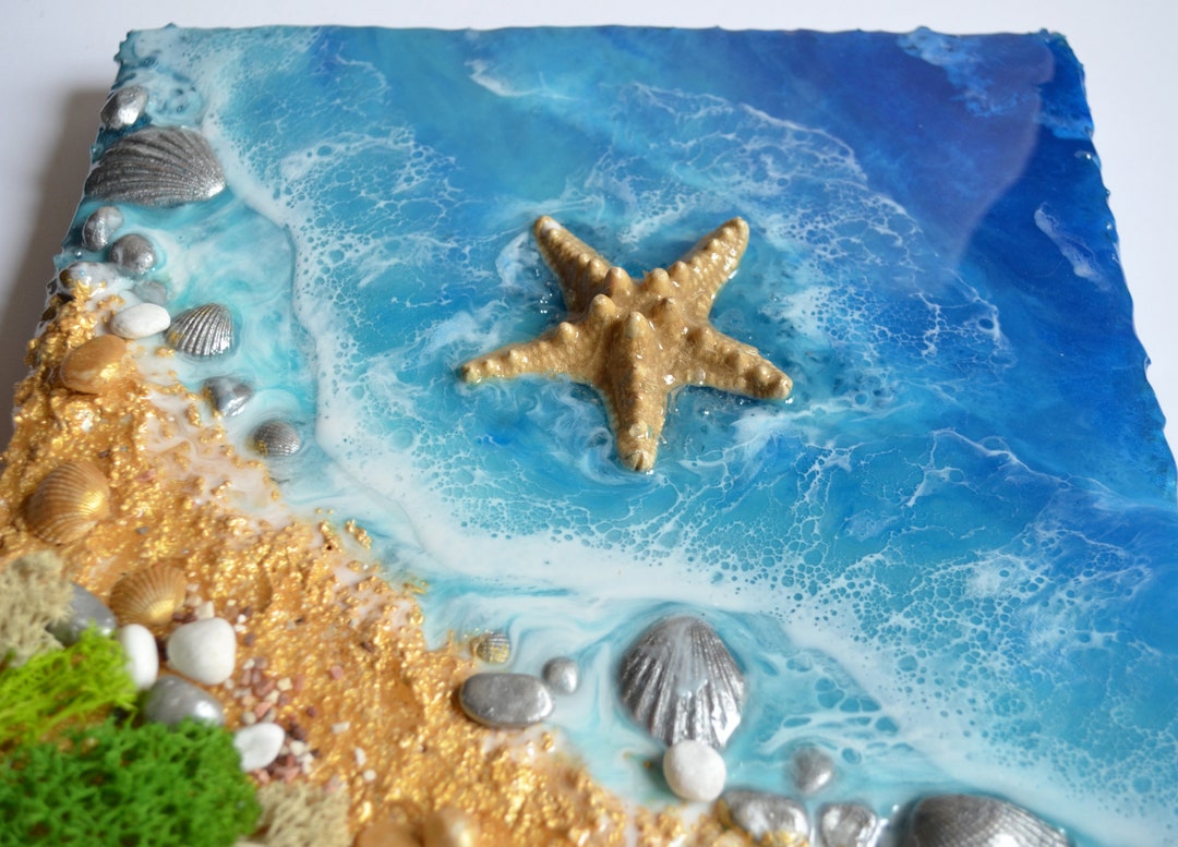 Custom sizes epoxy resin beach wall art, Resin seashells painting ...