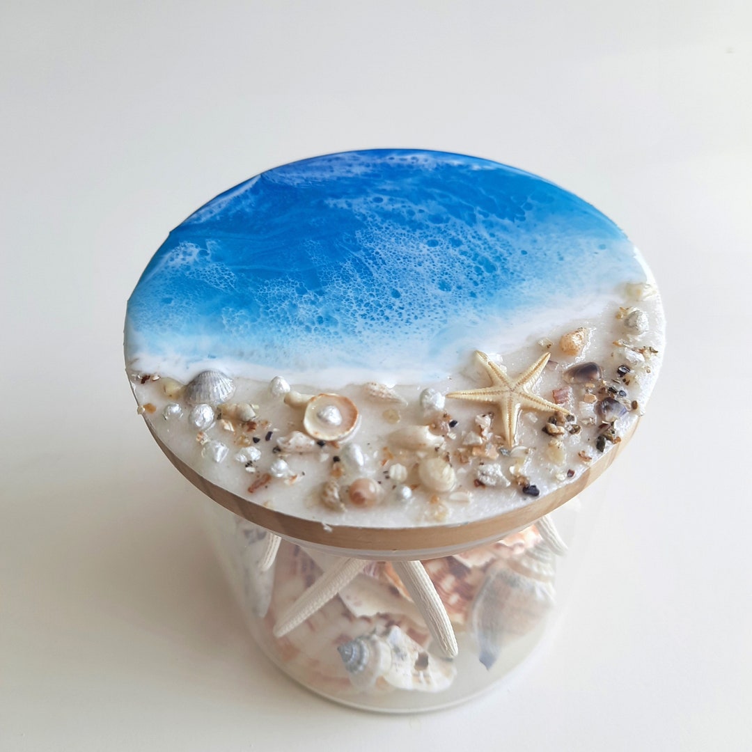 Glass Container With Epoxy Resin Beach Art, Round Storage Glass Jar ...