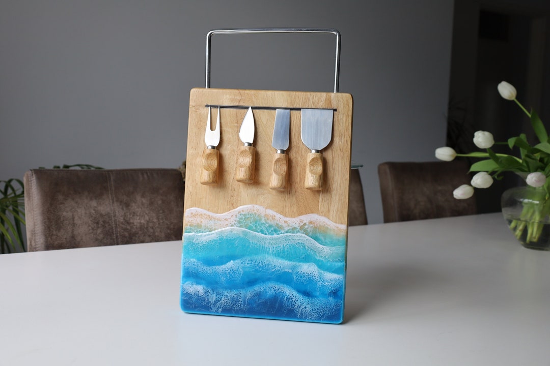 Wooden Serving Cheese Board Set With Epoxy Resin Ocean Waves ...