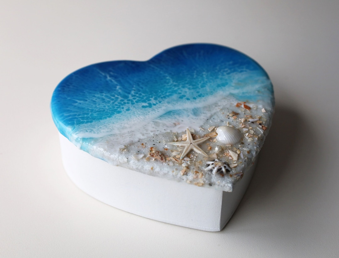 Resin Beach Art Heart Storage Box, 3d Resin Heart, Ocean Epoxy Jevelry ...