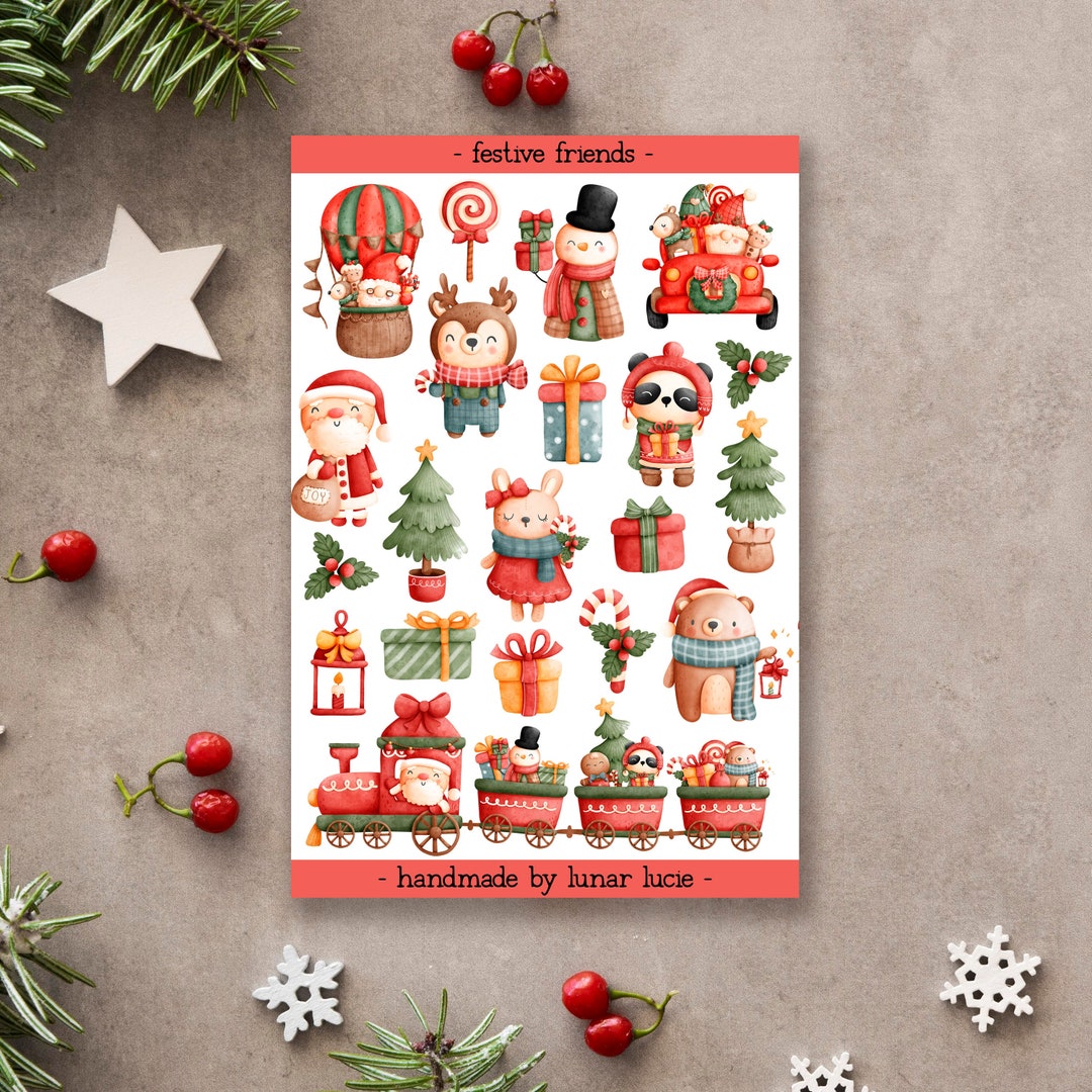 Cute Festive Friends Sticker Sheet Christmas Deco Stickers Santa ...