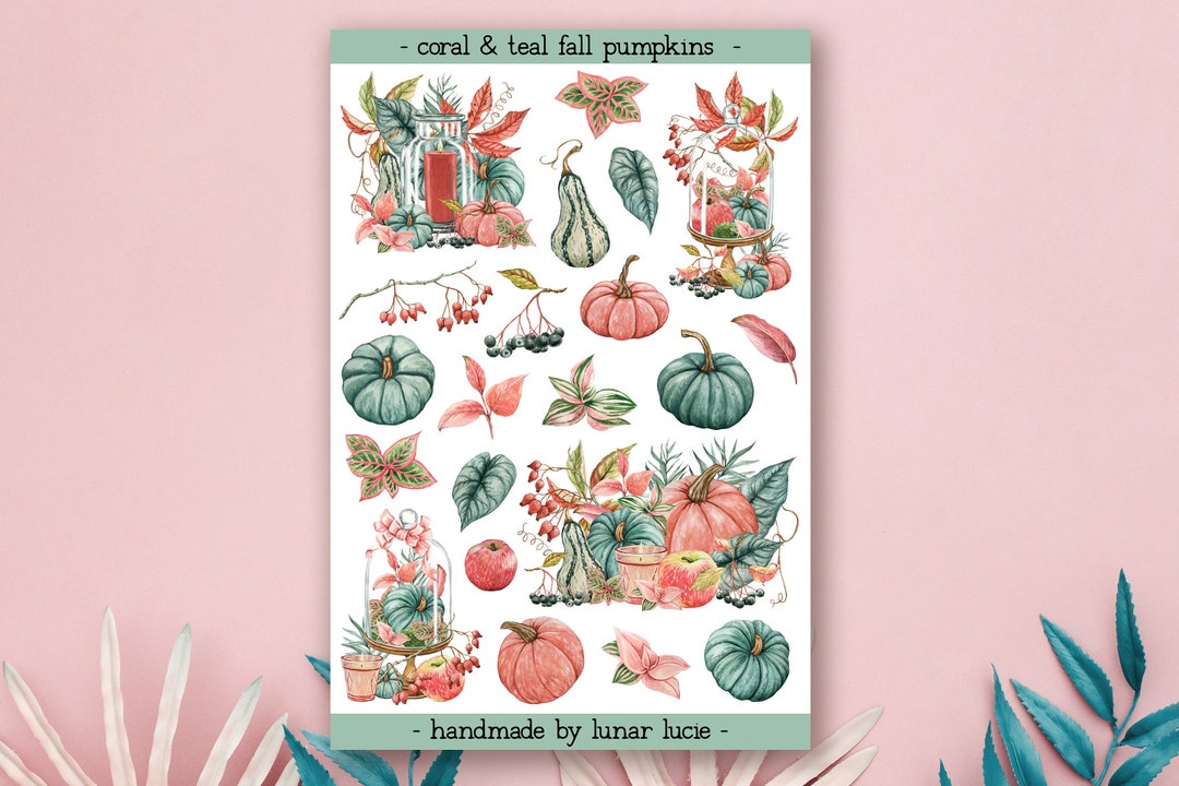 Coral & Teal Fall Pumpkins Sticker Sheet Pumpkin Stickers Autumn Fall ...