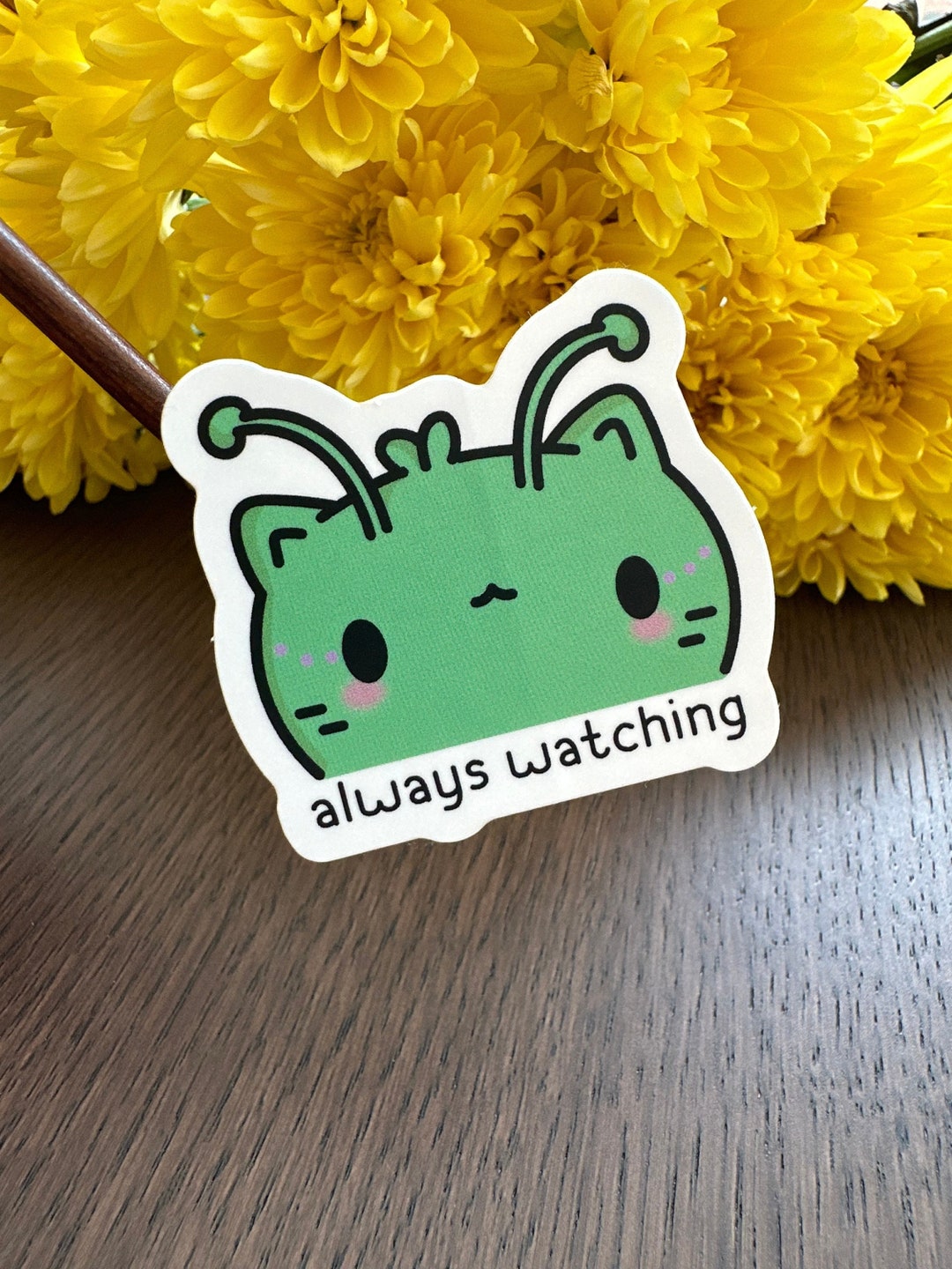 Always Watching Alien Cat Sticker - Cute Green Alien Cat - Matte Vinyl ...