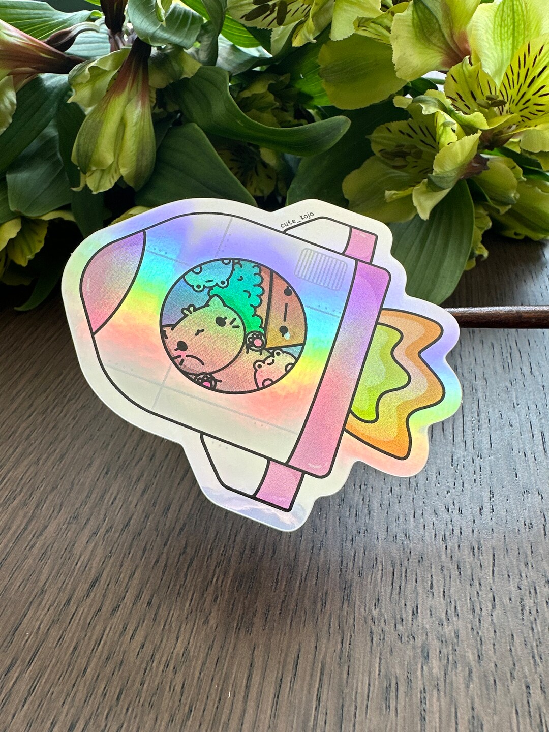 Rocket Ship Adventure Sticker - Cute Potted Plant, Cat, and Frogs ...