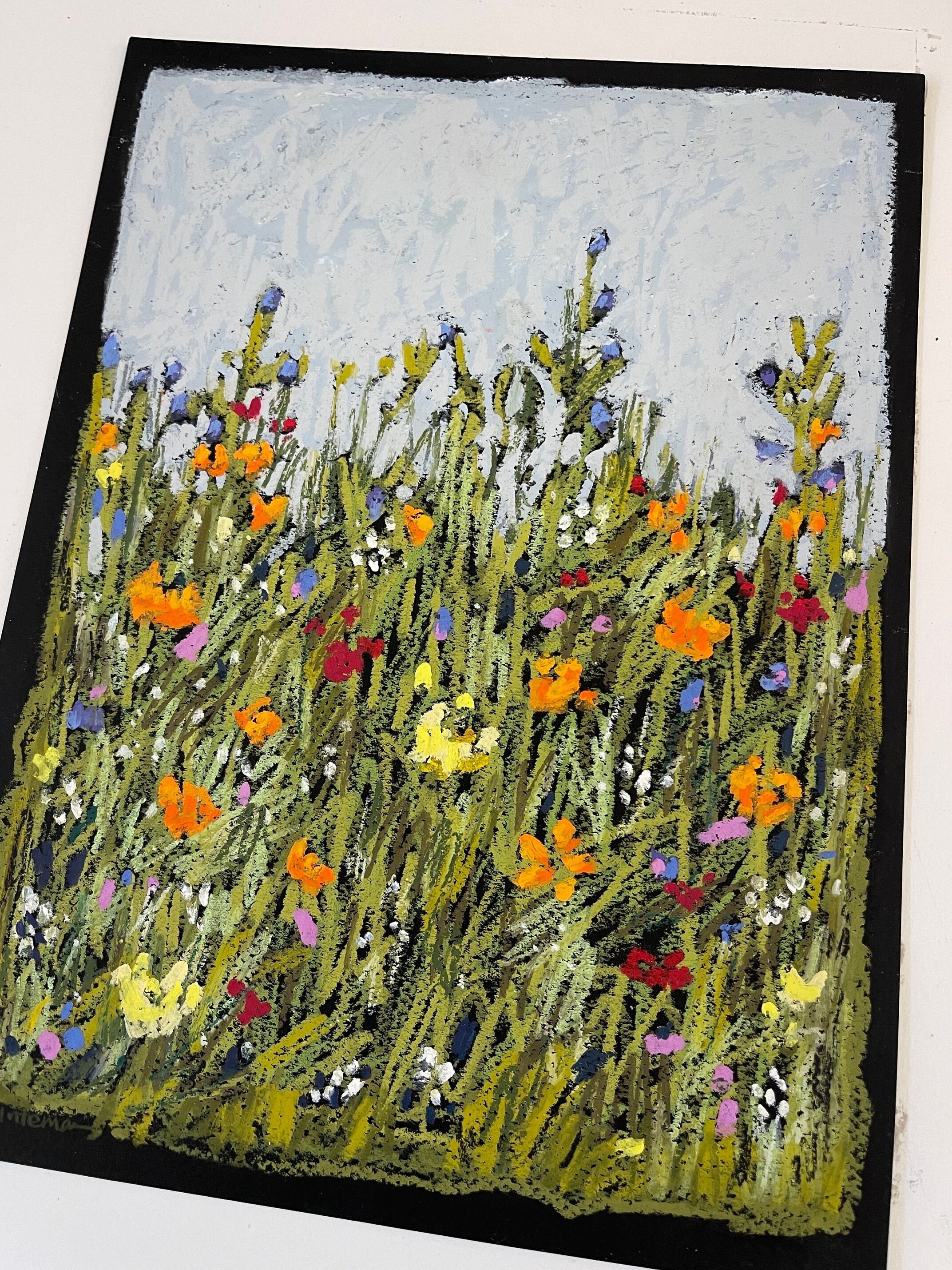 Original Oil Pastel Painting on Paper, Whimsical Grassy Wildflower ...