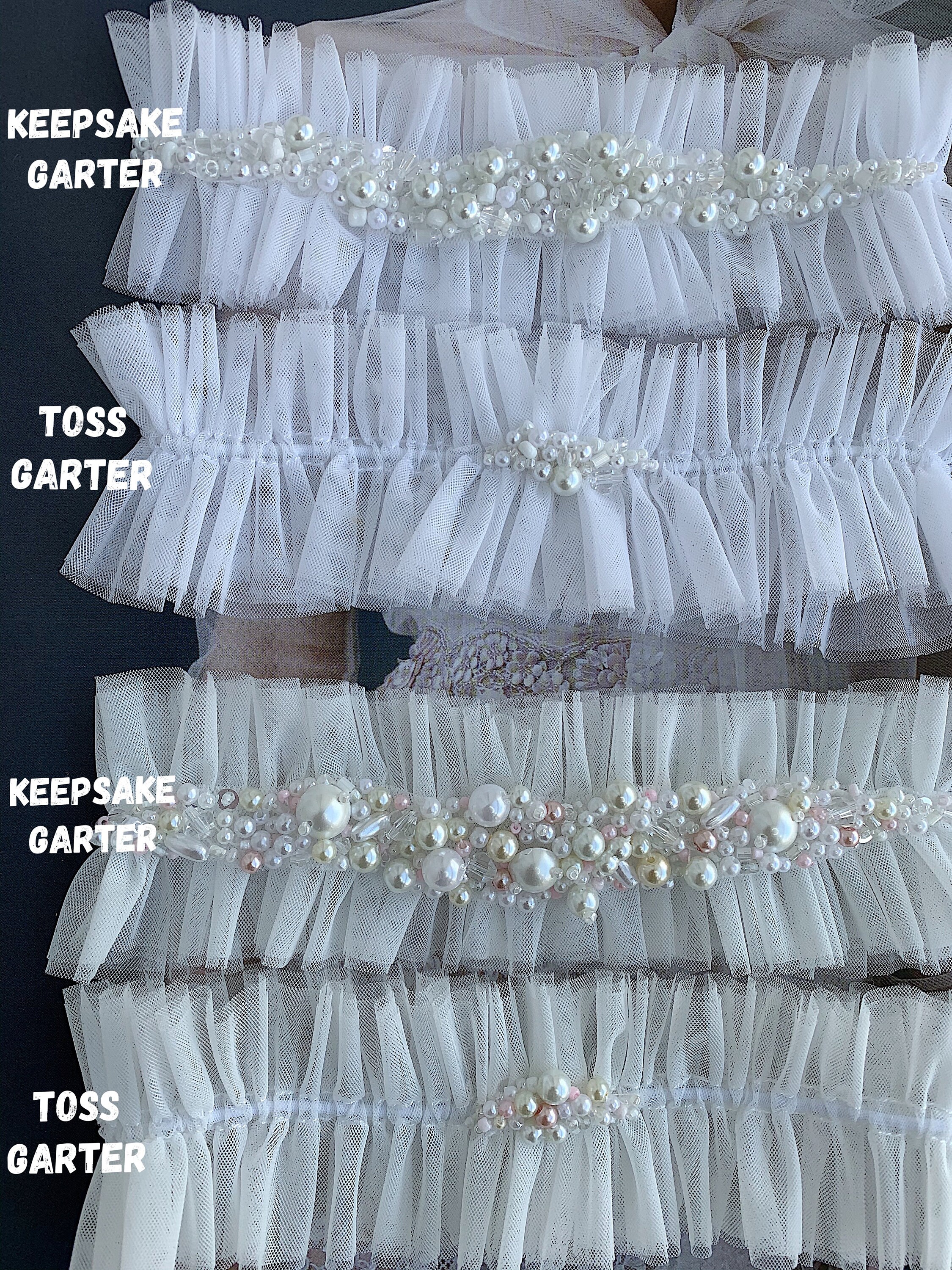 White Tulle Wedding Garter Set Jeweled With Pearls, Whimsical Ruffled ...