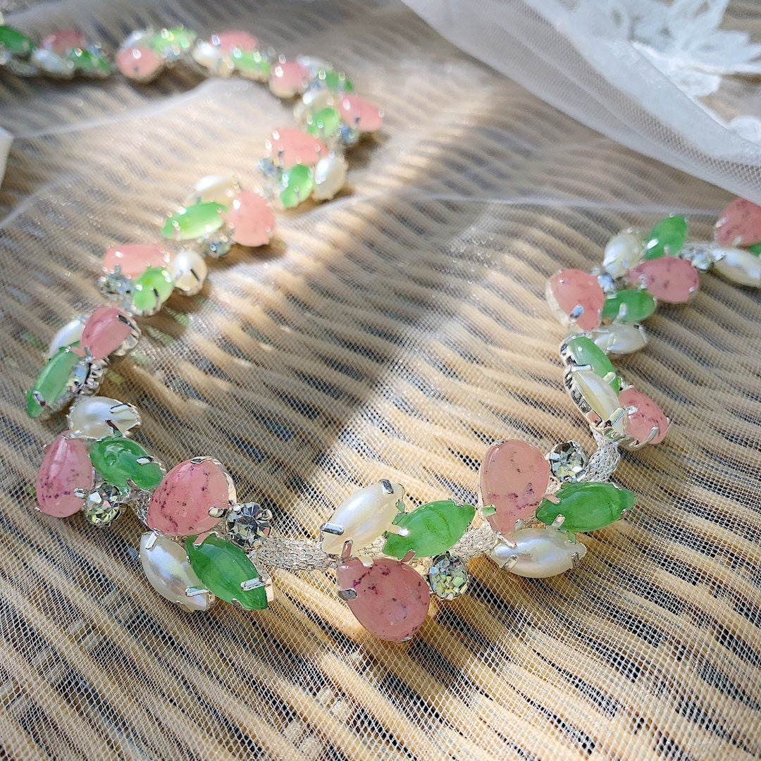 Fantasy Wedding Dress Sash With Green and Pink Beads, Whimsical ...