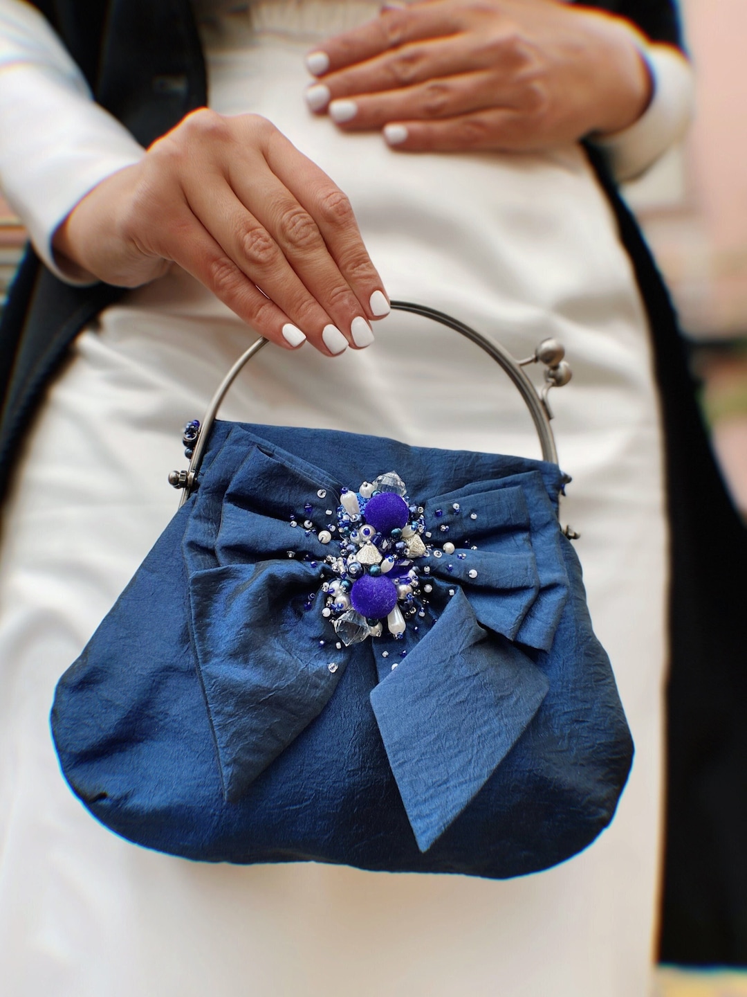Navy Blue Taffeta Wedding Clutch With Bow, Deep Blue Kiss Lock Bridal ...