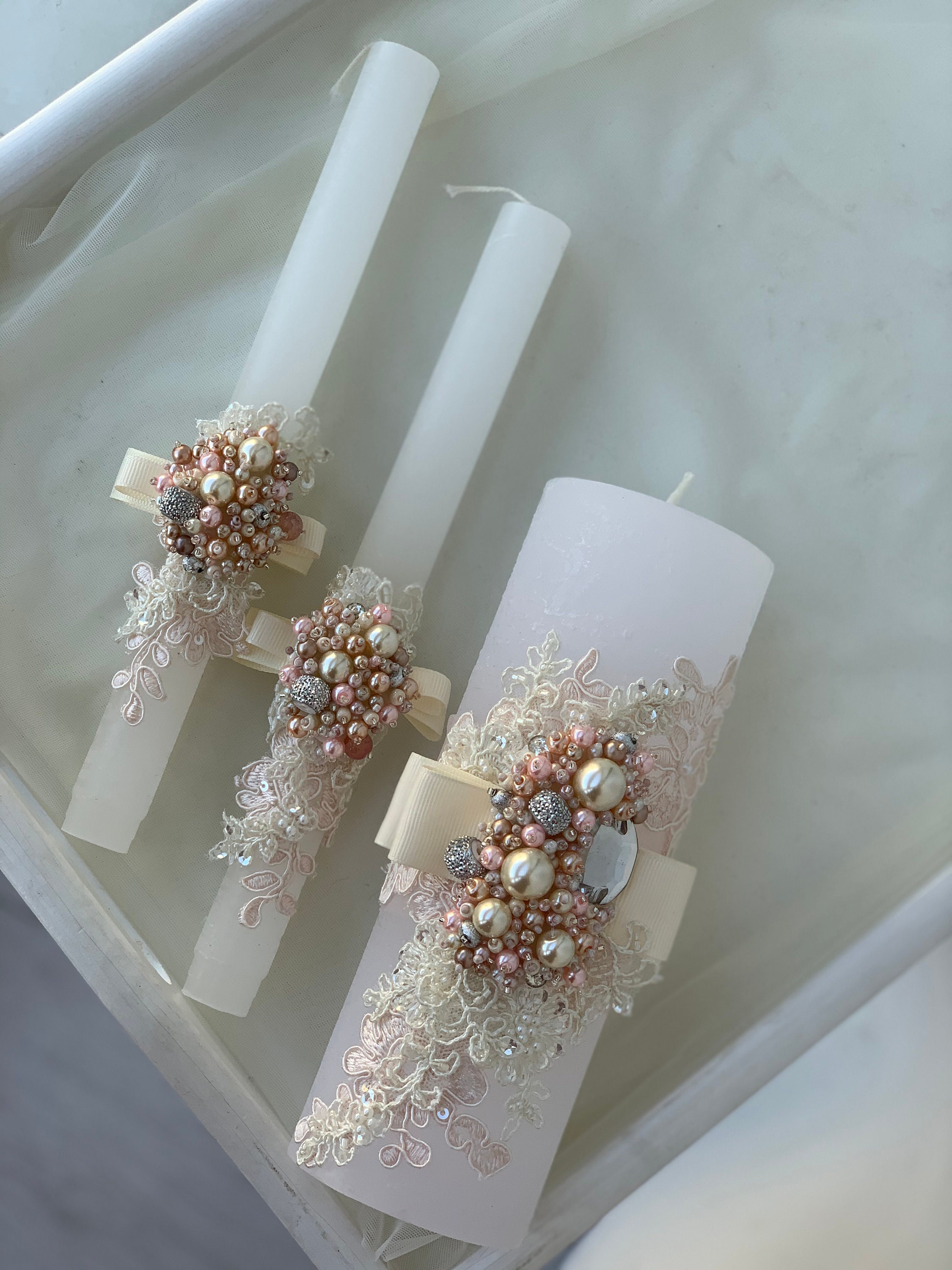 Rose gold Unity candles set with pearls and lace Decorated | Etsy