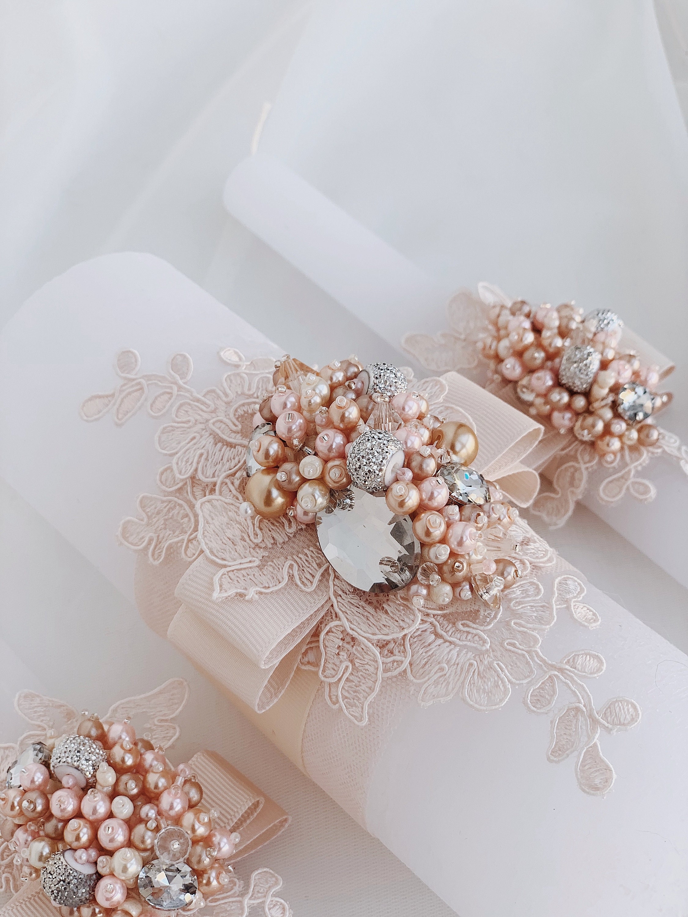 Rose gold Unity candles set with pearls and lace Decorated | Etsy