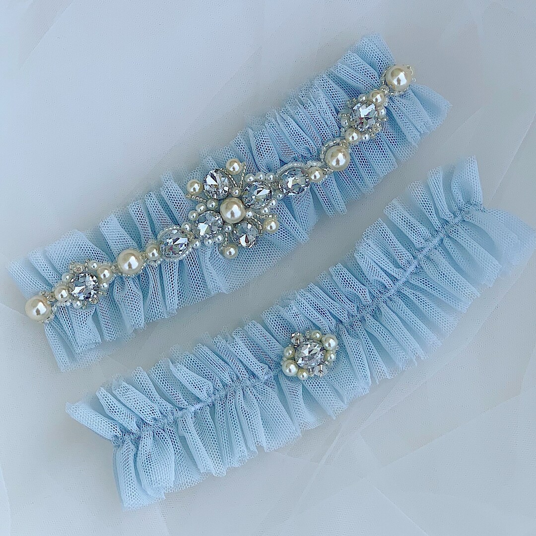 Blue Tulle Wedding Garters Set, Wide Rhinestones Bridal Garter ...