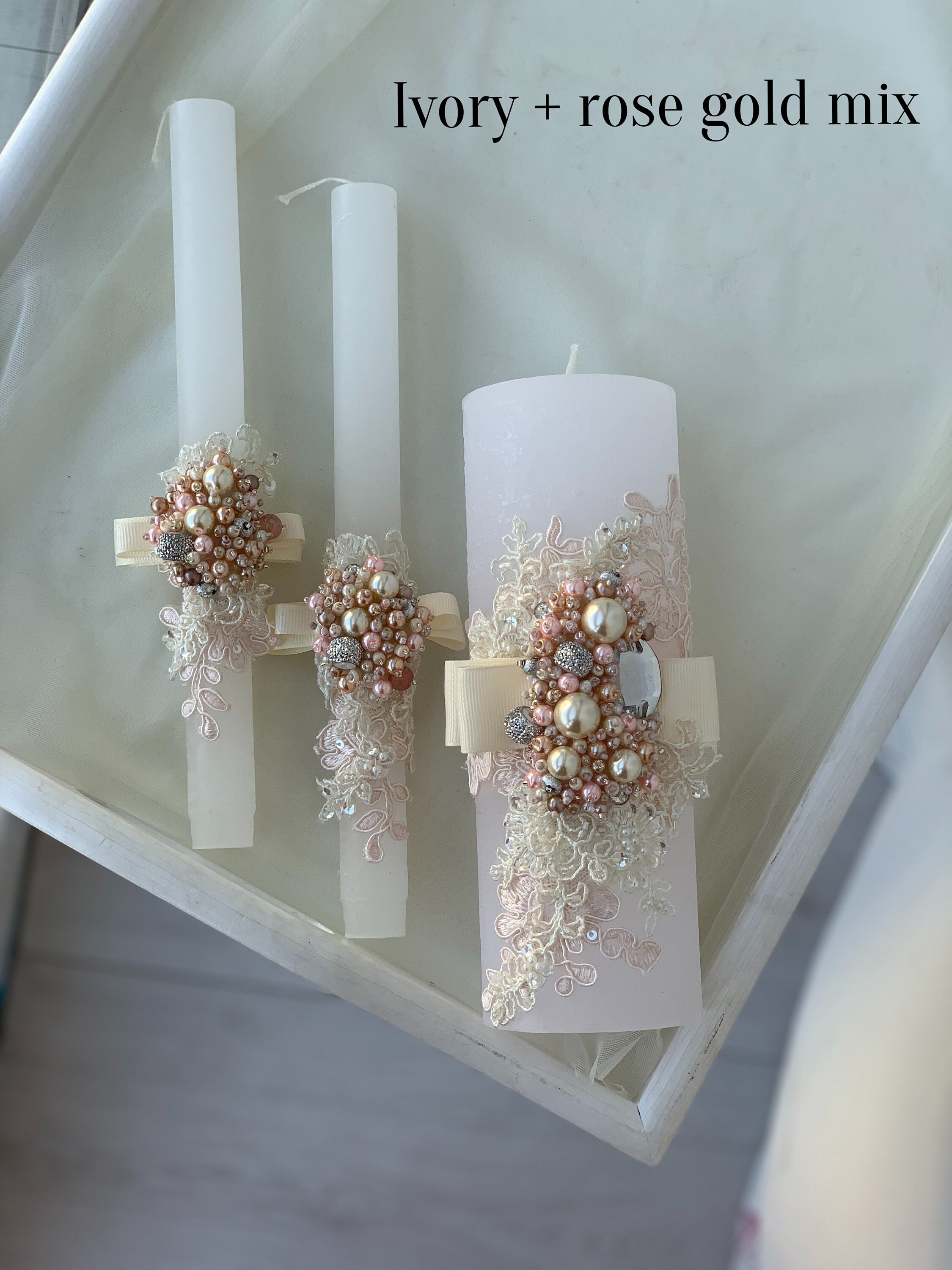 Rose gold Unity candles set with pearls and lace Decorated | Etsy
