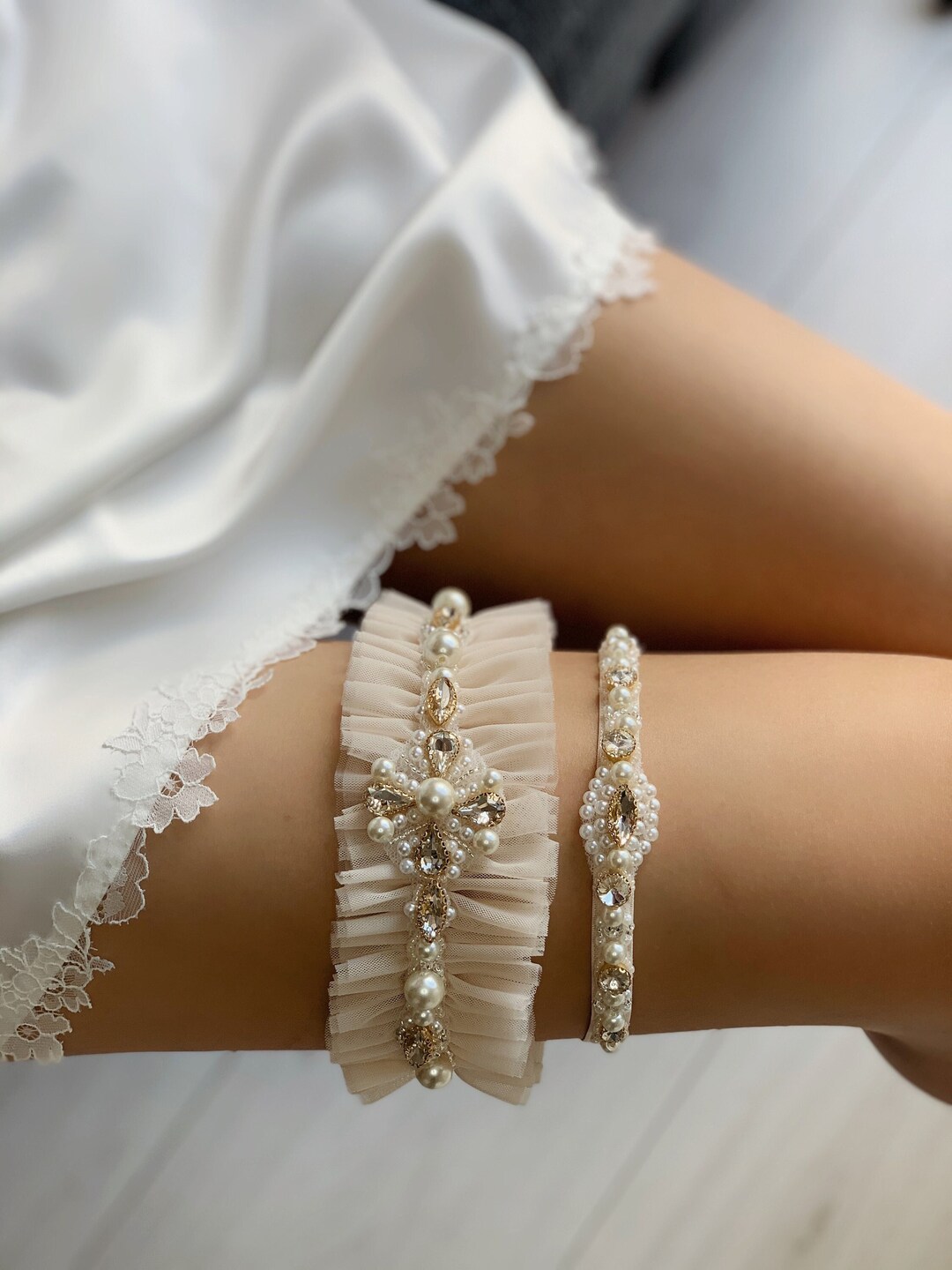 Wide Nude Wedding Garter for Bride With Gold Crystals, Elegant Pastel ...