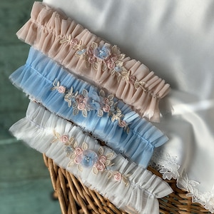 Blush Pink Wedding Garter Fro Bride With Blue Flower Embroidered Lace ...