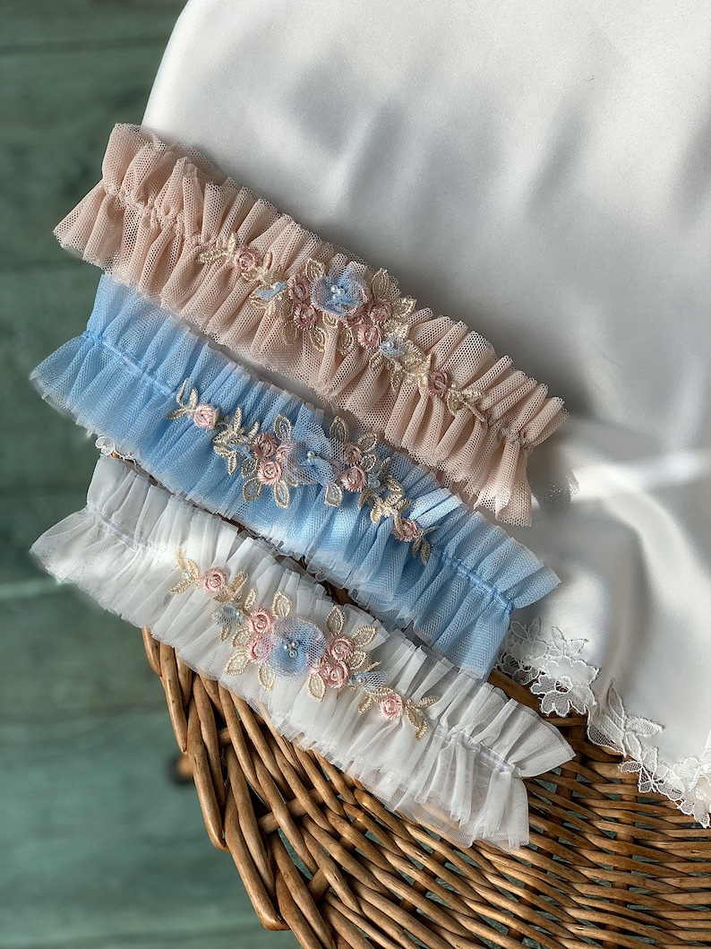 Blush Pink Wedding Garter Fro Bride With Blue Flower Embroidered Lace ...