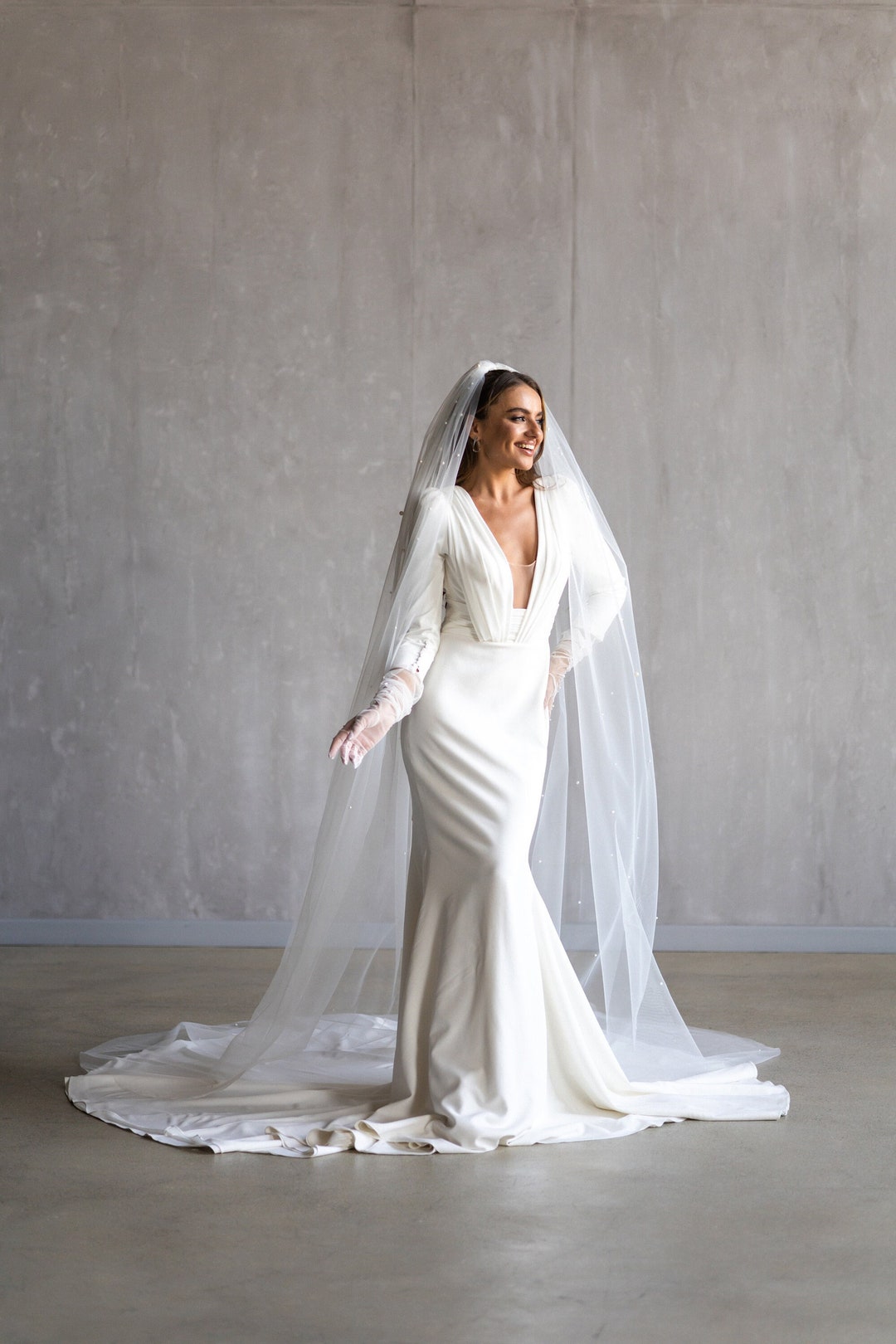 Light Ivory Wedding Veil With Pearl Beads, Pearl Veil, Long Cathedral ...