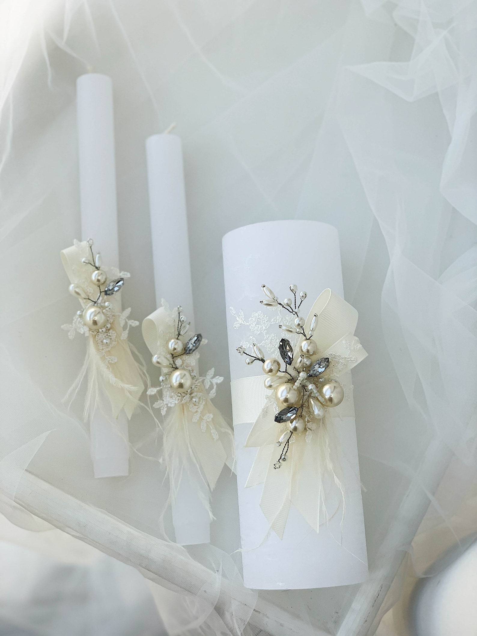 Fancy Unity Candles Set With Jeweled Decor and Ostrich Feathers, Large ...