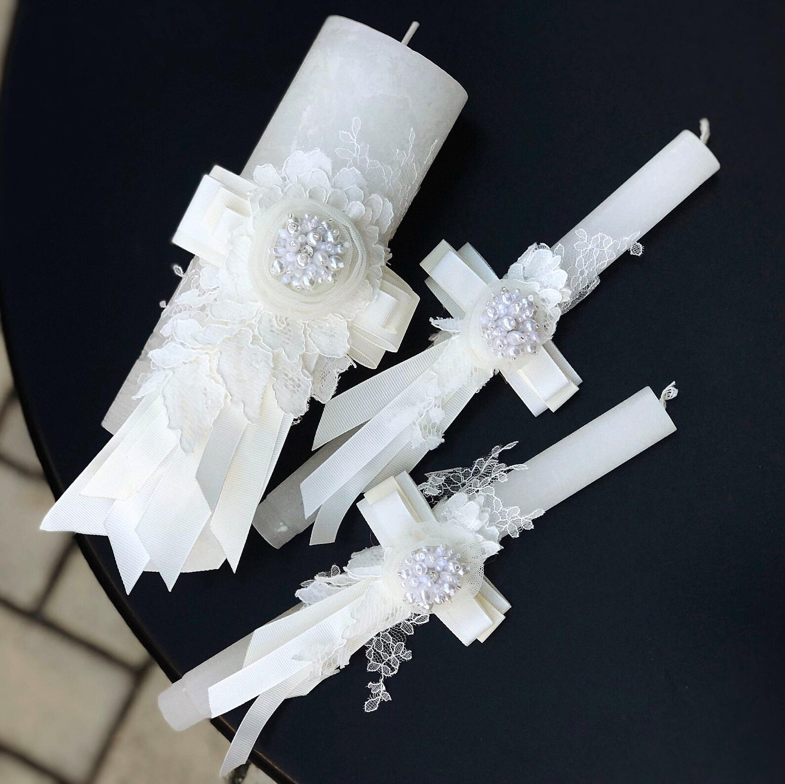 Unscented Unity Candles Set With Lace and Pearls, Light Ivory Pillar ...