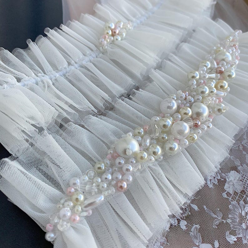 White Tulle Wedding Garter Set Jeweled With Pearls, Whimsical Ruffled ...
