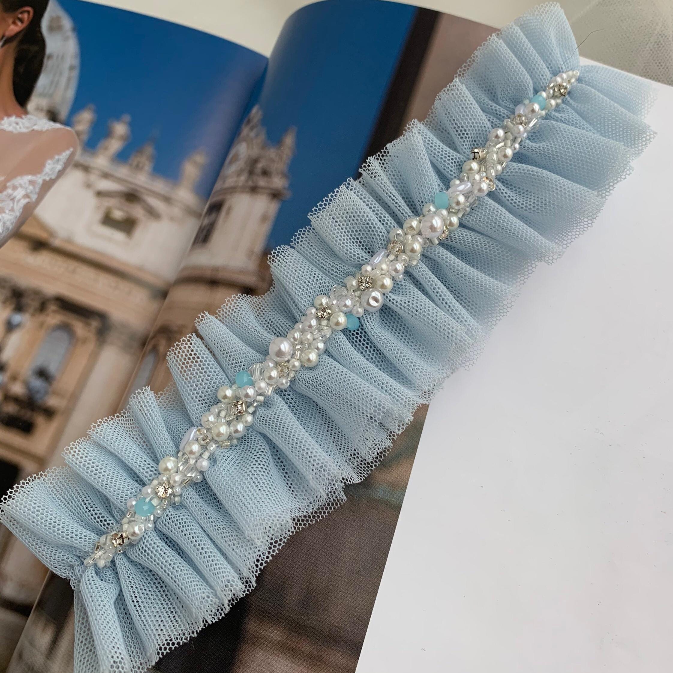 Blue Tulle Wedding Garter, Wide Frilled Bridal Pearl Garter, Something ...