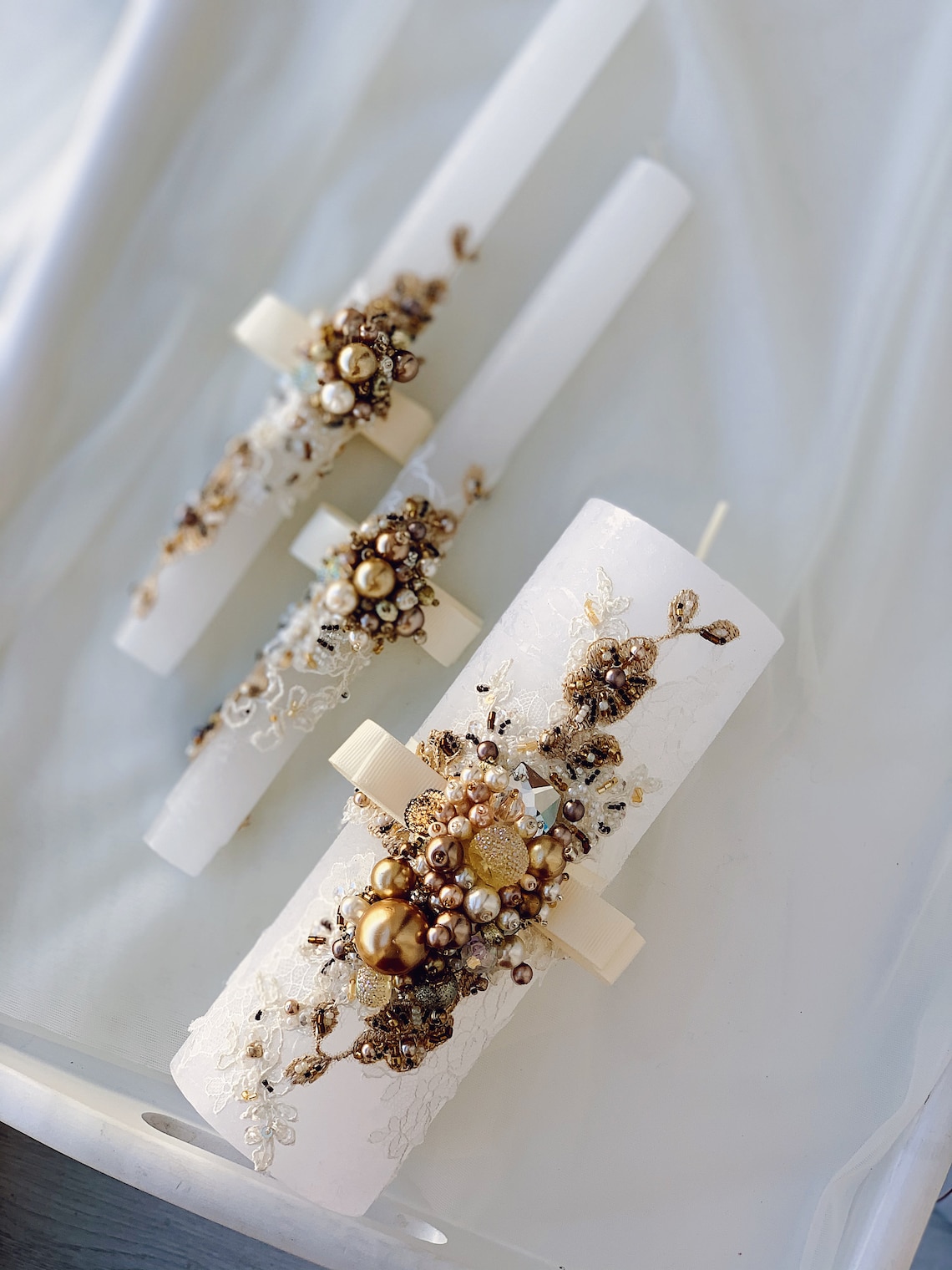 Fancy gold Unity candles set with pearls and lace Decorated | Etsy