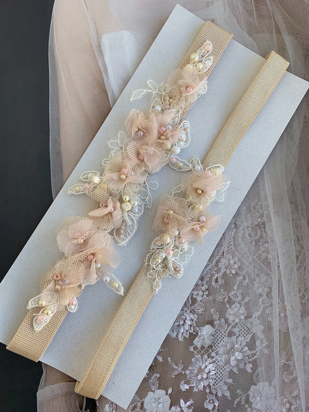 Rose Gold Wedding Garter With Pearl Beads and Tulle Flowers, Elegant ...